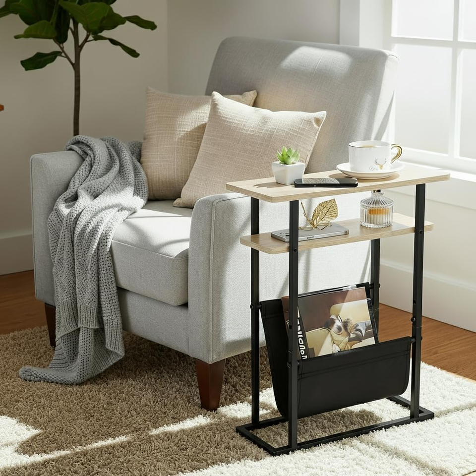 Small Side Table for Small Spaces - Slim End Table with Magazine Holder ...