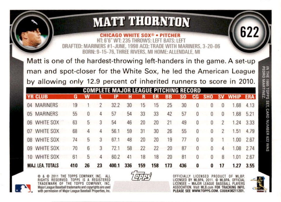 2011 Topps Baseball Diamond Anniversary Matt Thornton #622 | eBay