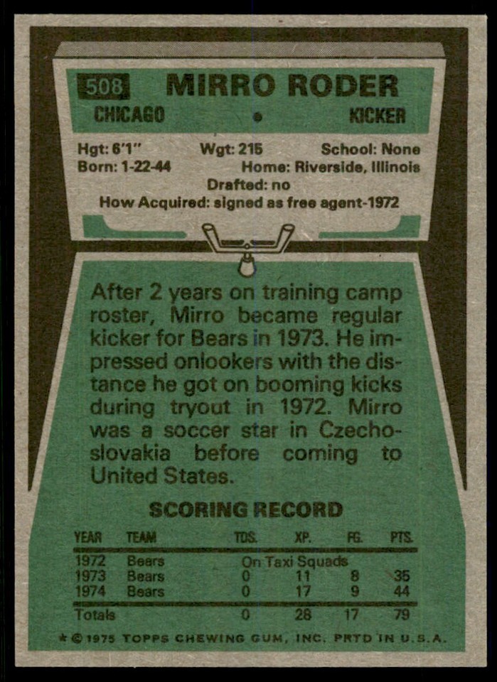 1975 Topps Mirro Roder Chicago Bears #508 | eBay