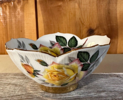 Bone China Yellow Roses Small Dish Bowl Gold Rimmed Hand Painted Signed ...