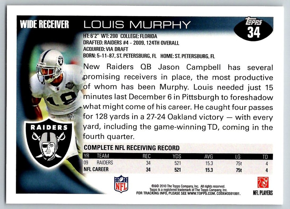 2010 TOPPS LOUIS MURPHY OAKLAND RAIDERS #34 | eBay