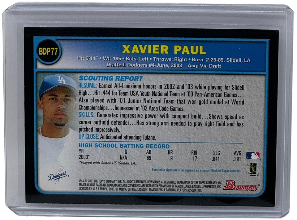 Xavier Paul 2003 Bowman Draft Prospects Gold Autograph Card LA Dodgers ...