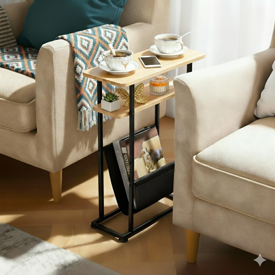 Small Side Table for Small Spaces - Slim End Table with Magazine Holder ...