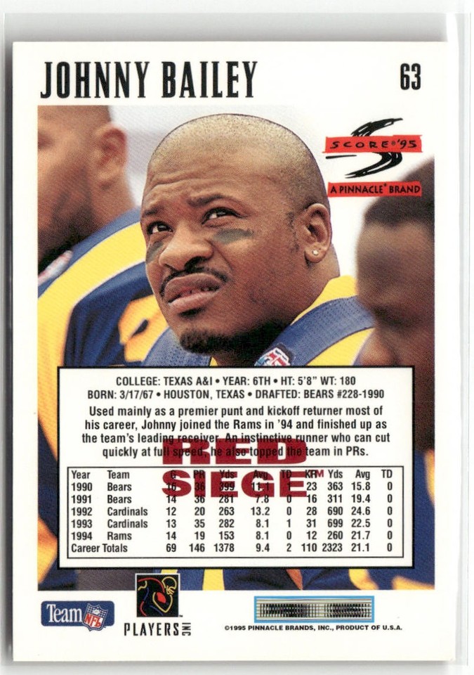 1995 SCORE #63 JOHNNY BAILEY RED SIEGE ST. LOUIS RAMS | eBay