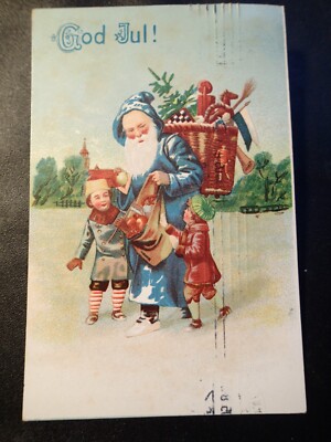 1905 BLUE ROB SANTA KIDS TREE SNOW VINTAGE CHRISTMAS POSTCARD SWEDEN ...
