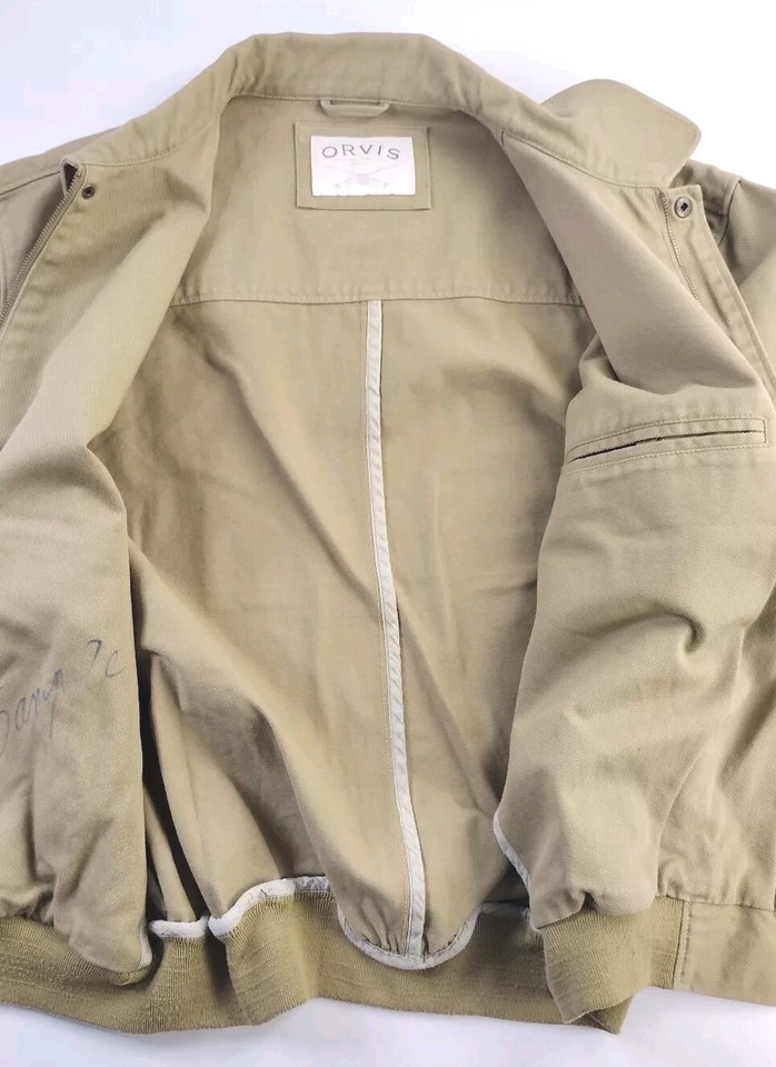 Orvis Vintage Brown Khaki Canvas Bomber Leather Trim Jacket A2 G1 ...