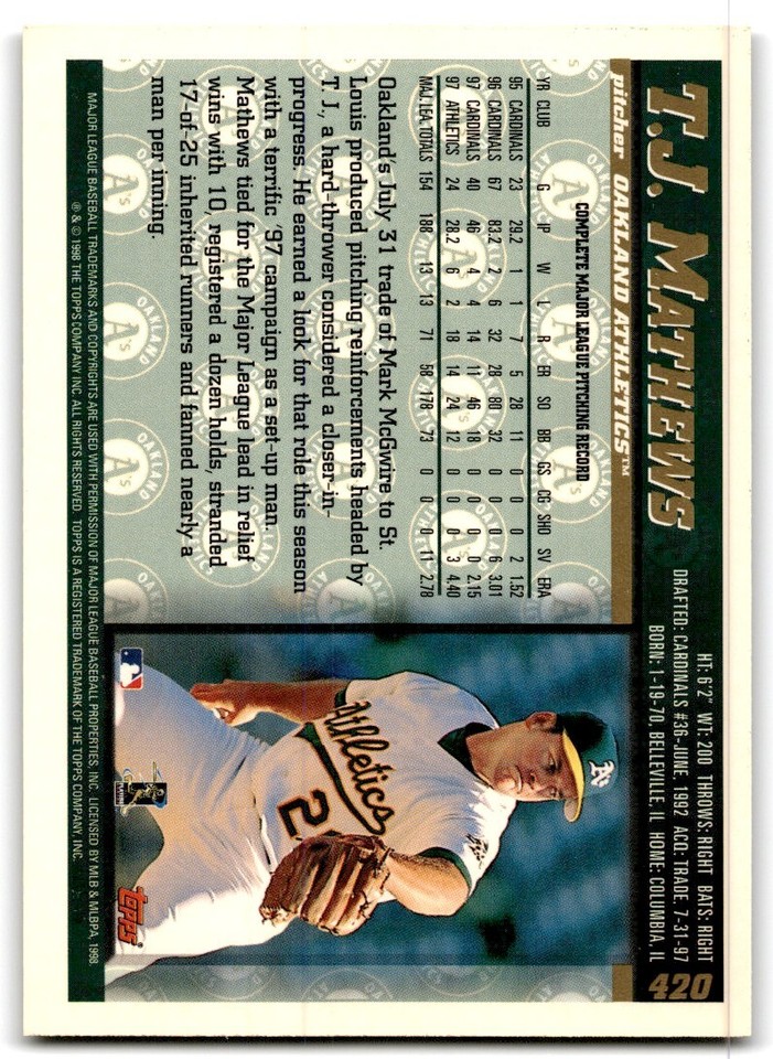1998 Topps Baseball Card T.J Matthews Oakland Athletics #420 | eBay