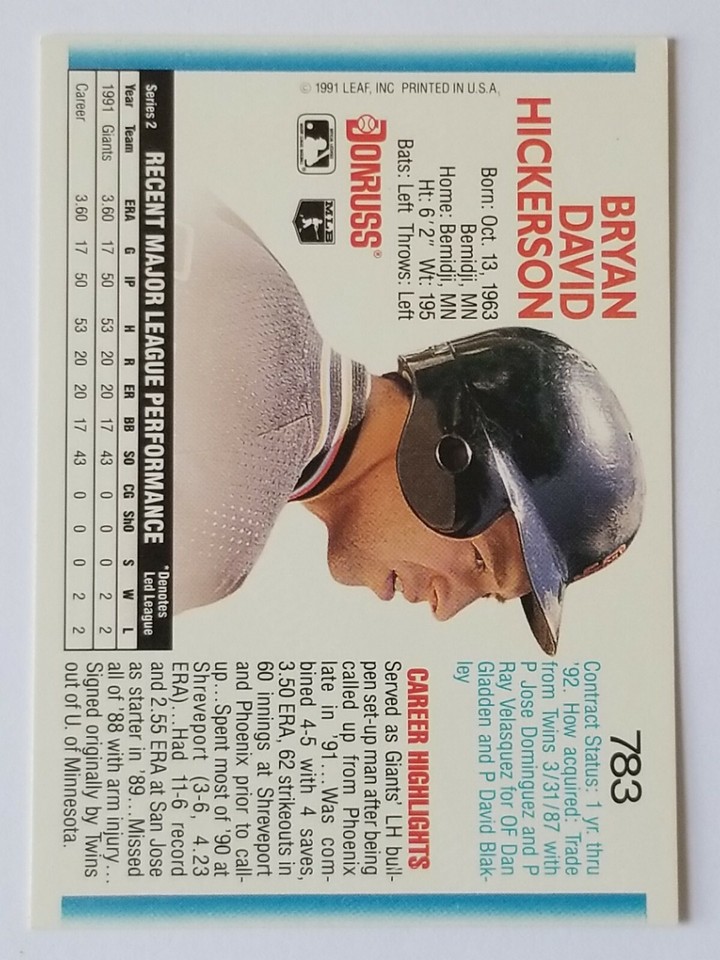 1992 Donruss San Francisco Giants Baseball Card #783 Bryan Hickerson ...