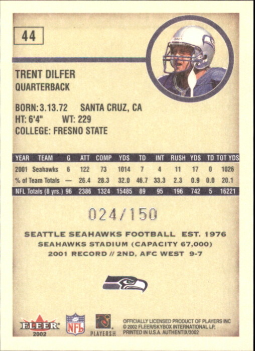 2002 Fleer Authentix Front Row #44 Trent Dilfer /150 | eBay