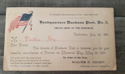 GAR 1894 DUSHANE POST 3 MEMORIAL DAY THANK YOU CARD | eBay
