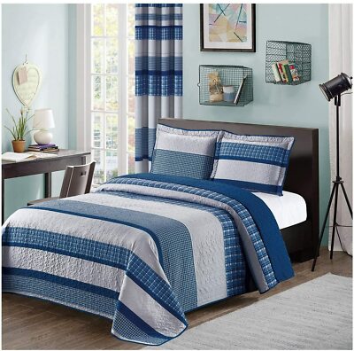 Navy Blue Gray Grey Striped Plaid 3 pc Quilt Set Twin Full Queen King ...