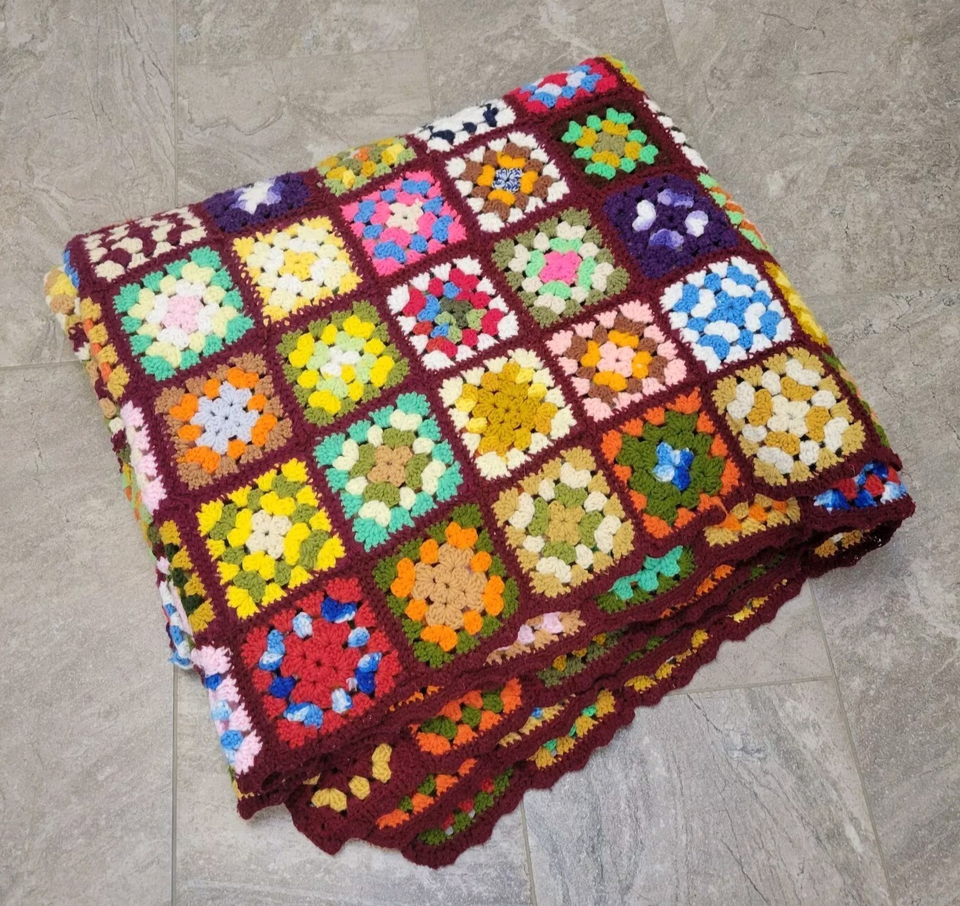 large Vintage Granny Square Blanket Afghan Bedspread 100"x85" - Squares ...