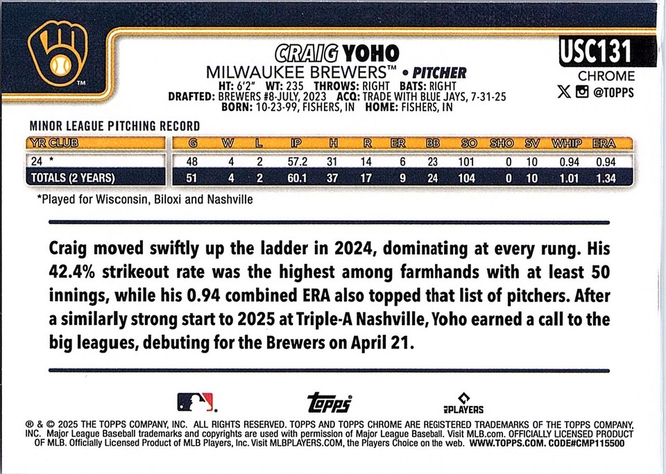 Craig Yoho #USC131 2025 Topps Chrome Update Rookie | eBay