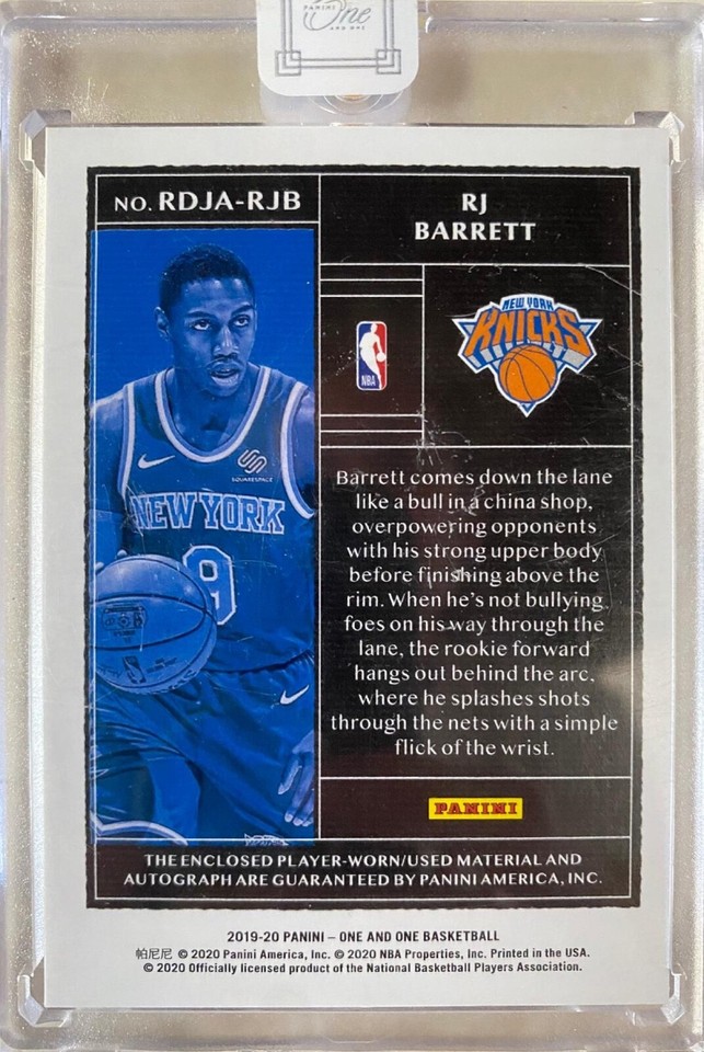 RJ Barrett Rookie Double Patch Auto - Panini One and One - 19 out of 25 ...
