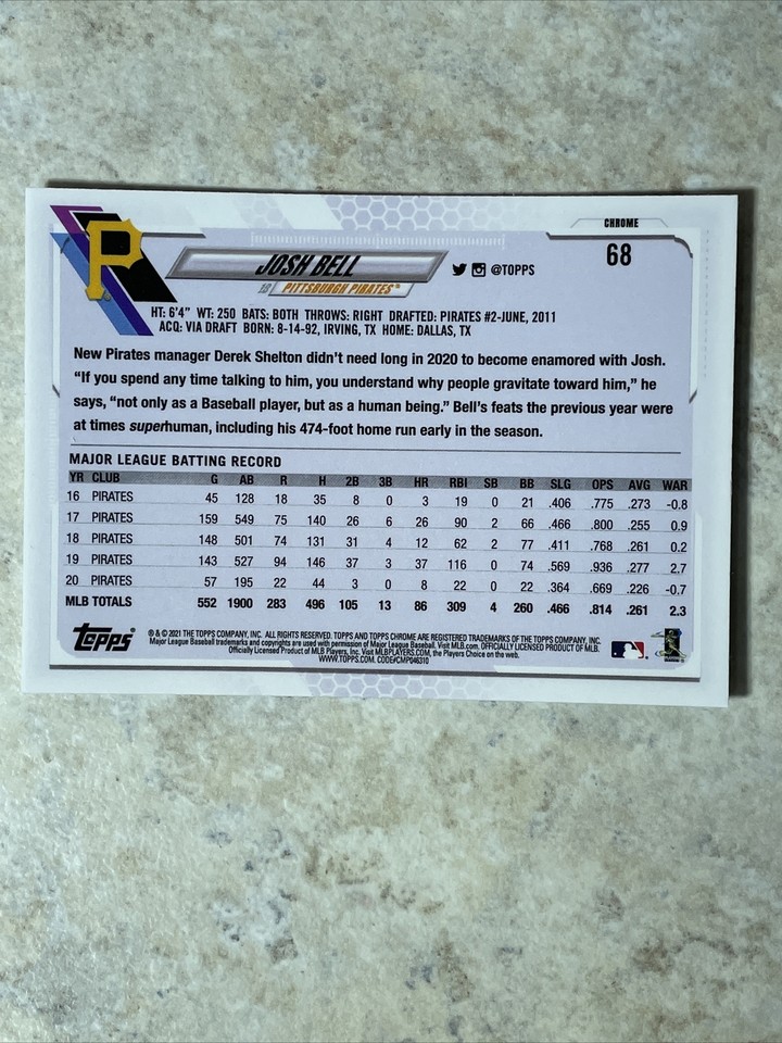 2021 Topps Chrome X fractor Josh Bell Mega Box Exclusive Pittsburgh ...