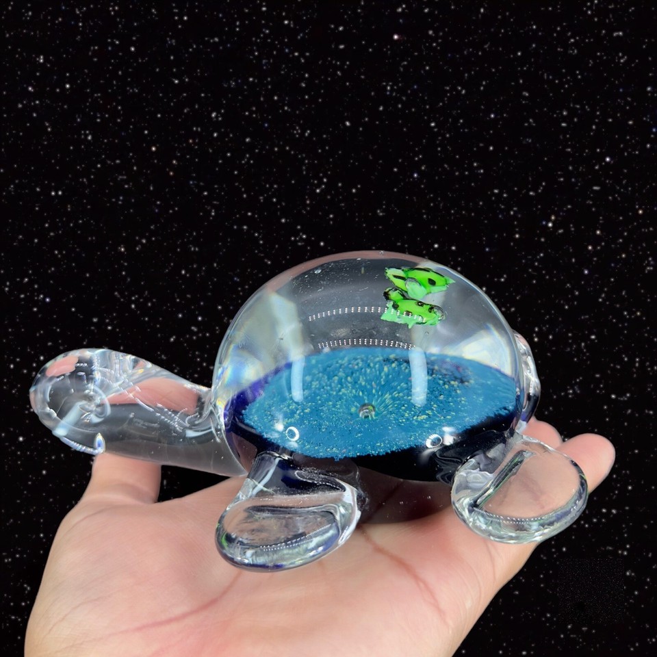 Art Glass Turtle Paperweight Figurine Thick Heavy Glass Turtle W Green ...