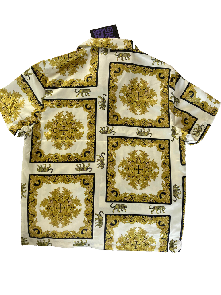 Italian Baroque Mosaic Luxury Shirt Large Sateen Black Gold Cream Side ...