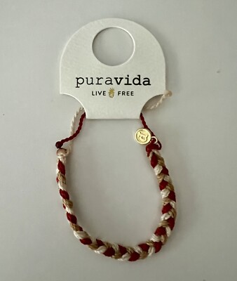 NEW Pura Vida Multi Braided Bracelet Red Tan White Color Gold Charm FSU ...