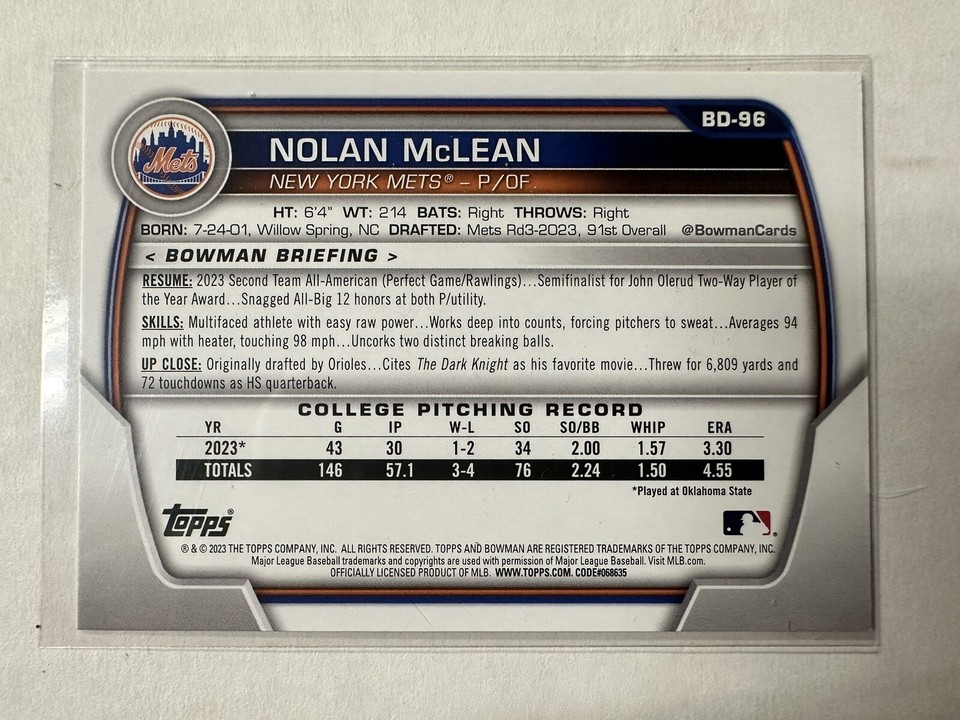 Nolan McLean RC 2023 Bowman Draft #BD96 Mets 1st Bowman | eBay