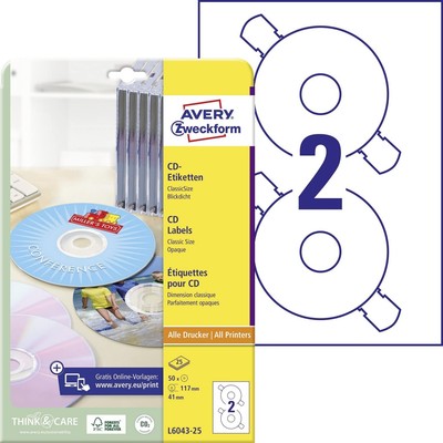Avery L6043-100 Self-Adhesive CD Labels, 2 Labels Per A4 Sheet (US ...