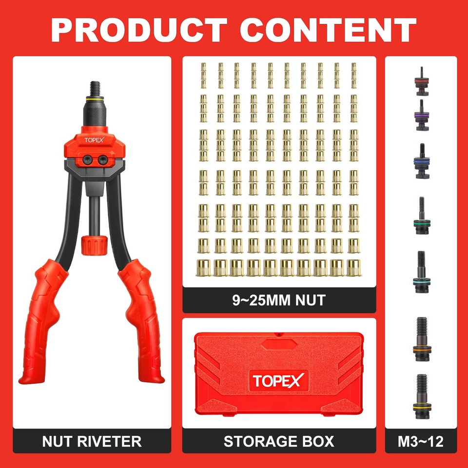 TOPEX 160PCS Heavy Duty Nut Rivet Riveter Rivnut Nutsert Gun Thread M3 ...