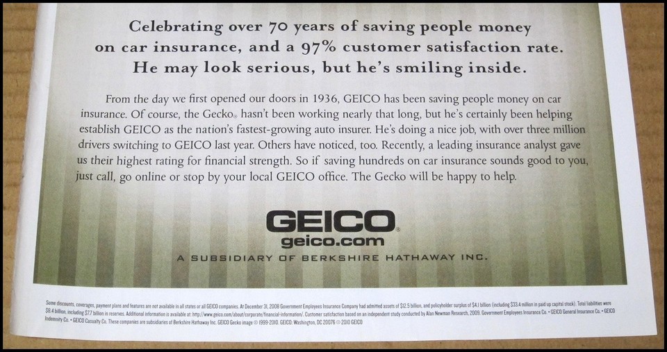 2010 GEICO Car Insurance Gecko Print Ad Advertisement Berkshire ...