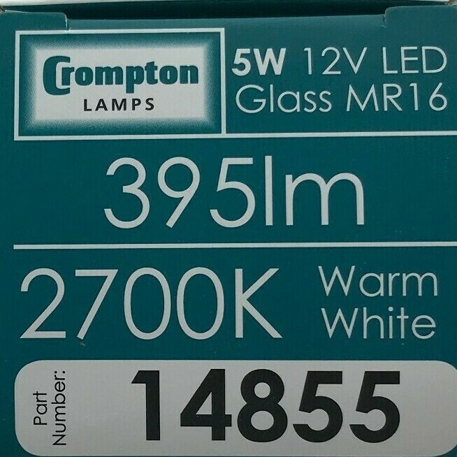 Crompton LED MR16 GLASS 5W 12V 2700K WARM WHITE 395LM GU5.3 12 VOLTS ...