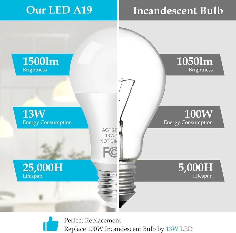 LED Light Bulbs, 100 Watt Equivalent, A19 13W Lightbulbs, 5K Daylight ...