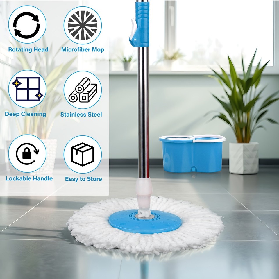 MAGIC MOP SPIN BUCKET SET 2 HEADS 360° ROTATING STEEL MICROFIBER FLOOR ...