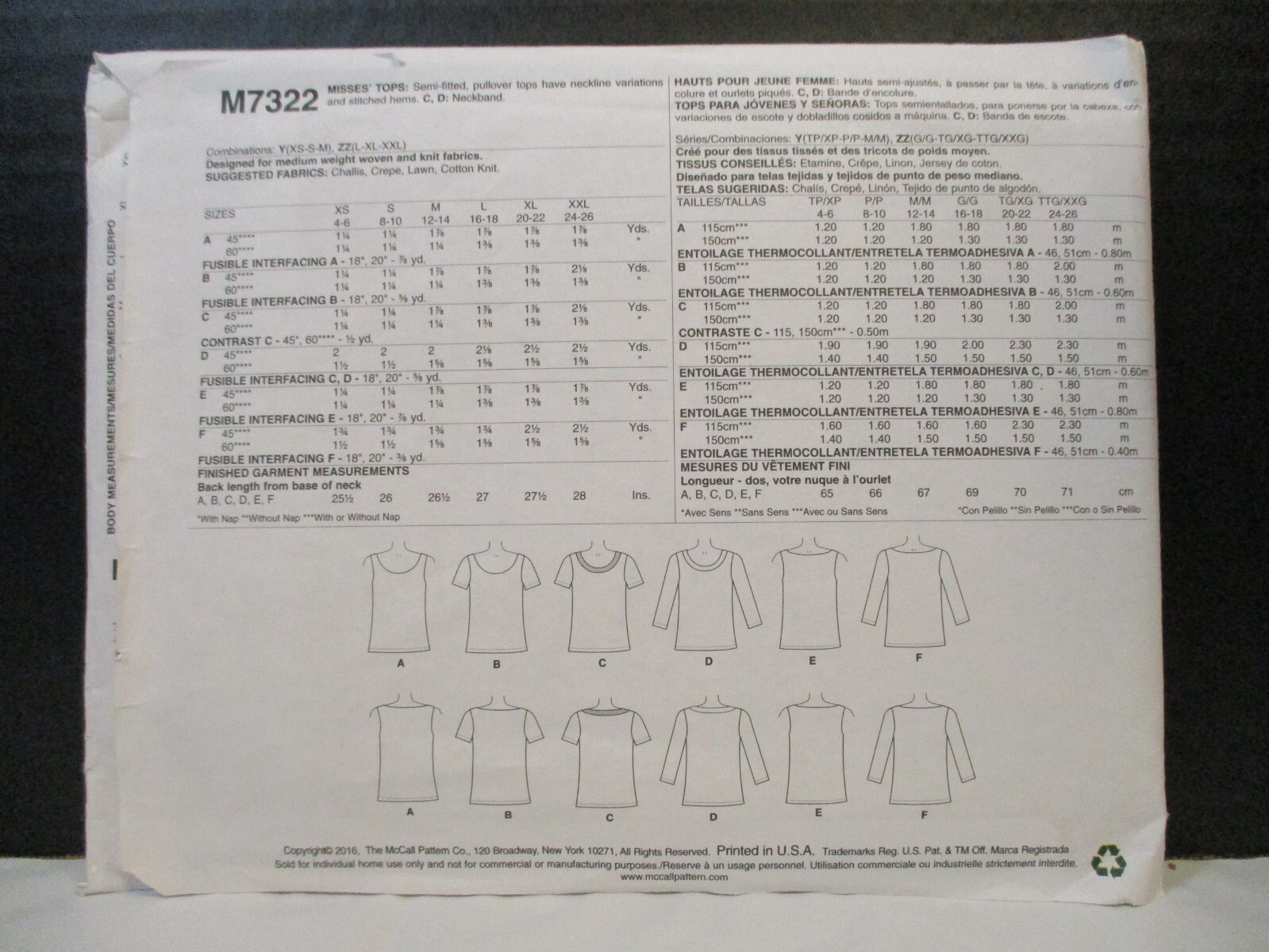 McCall's Pattern M7322 Miss Size L-XL-XXL (16-26) Tops Sleeve Neck ...