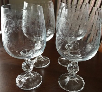 BOHEMIA "Cascade" Crystal Etched 5 3/4" Wine Glasses/Goblets Lot Of 4 ...