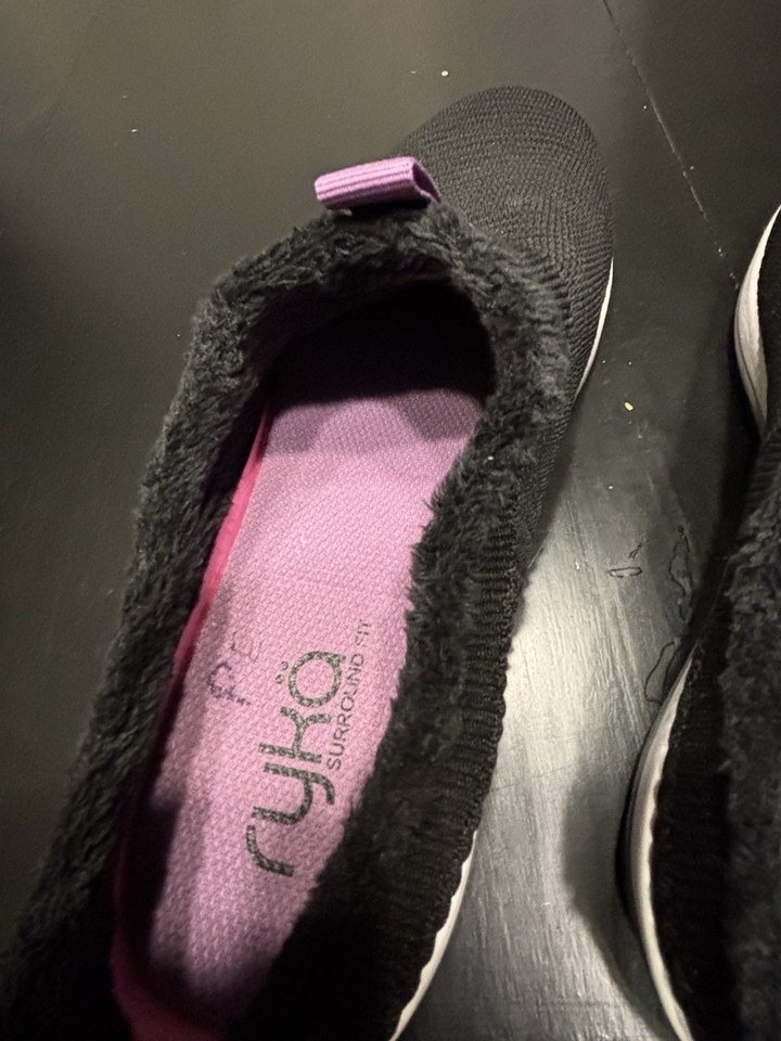 Ryka Black Ribbed Echo Mules Comfort Slip-On Shoes with Faux Fur Trim ...