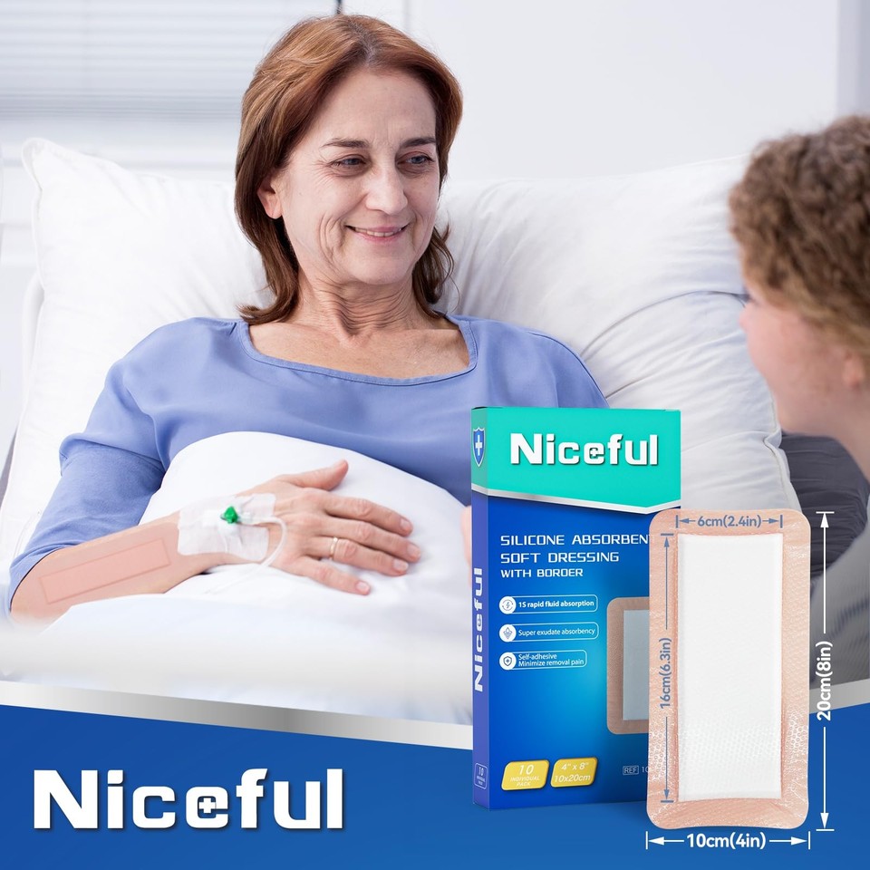 Silicone Super Absorbent Wound Dressing - 4"×8" Large Absorbant ...