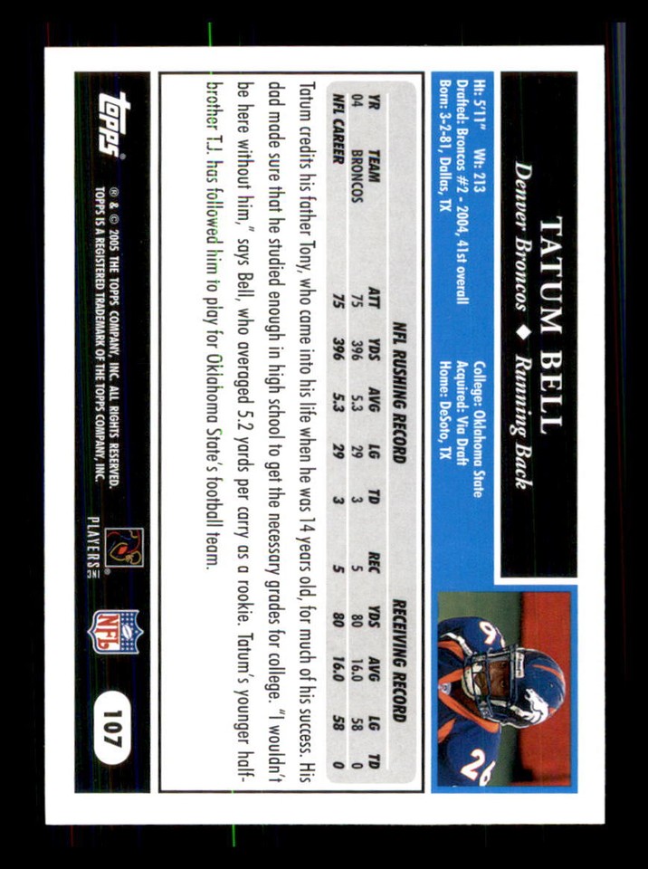 2005 FOOTBALL 2005 Topps Tatum Bell Denver Broncos #107 1 | eBay