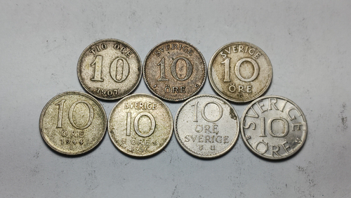 Sweden 10 Ore Type Set - 7x Coins - Silver 1907 1938 1944 1956 Plus ...
