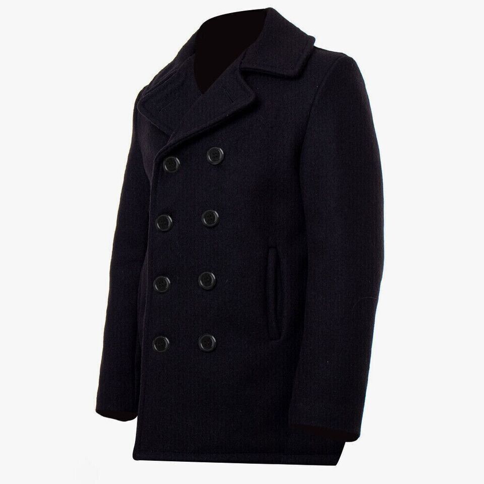 Mens Black US Navy Vintage Pea Coat Winter Warm Style Woolen Overcoat ...