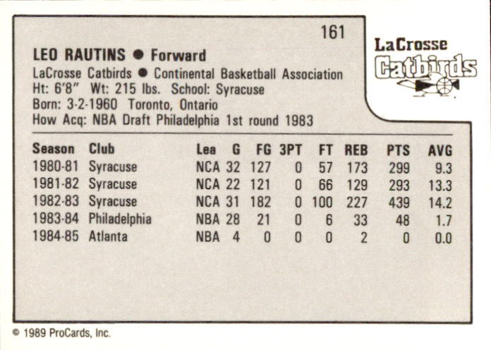 1989-90 ProCards CBA 161 La Crosse Catbirds Leo Rautins Syracuse ...