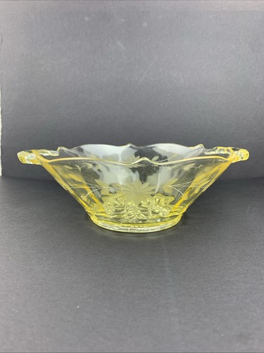Vtg Yellow Depression Glass 9” Handled Bowl Floral Etched Scalloped Rim ...