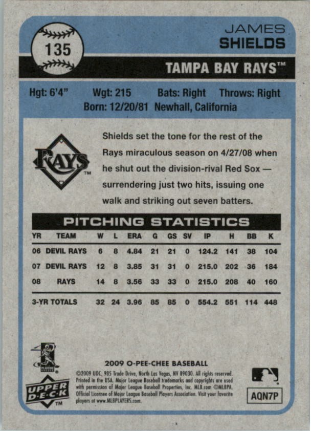 2009 O-Pee-Chee Baseball Card #135 James Shields | eBay