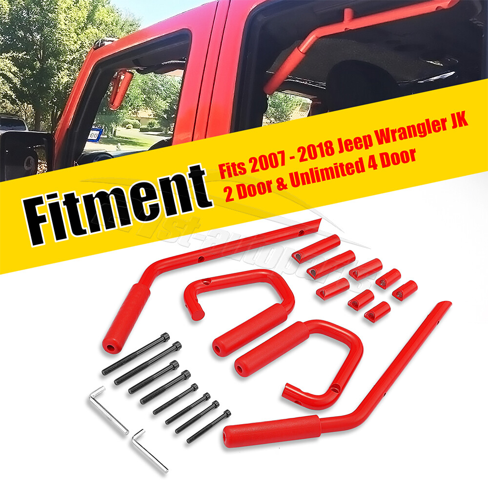 Front + Rear Full Grab Roll Bar Grab Pull Handles Red For Jeep Wrangler ...
