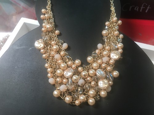 Beautiful champaign colored Faux Pearl & Crystal Bead Bib Necklace Gold ...