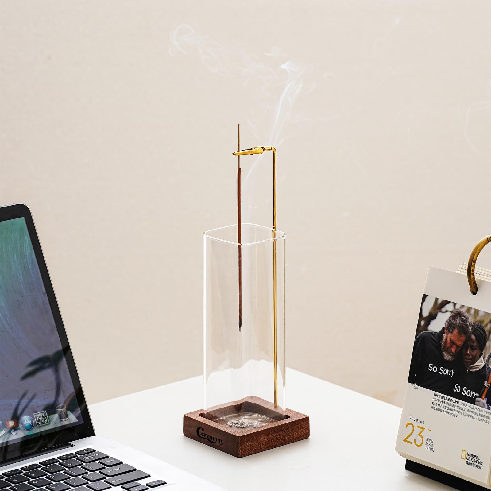 Incense Holder, Wooden Incense Holder for Sticks with Glass Ash Catcher ...