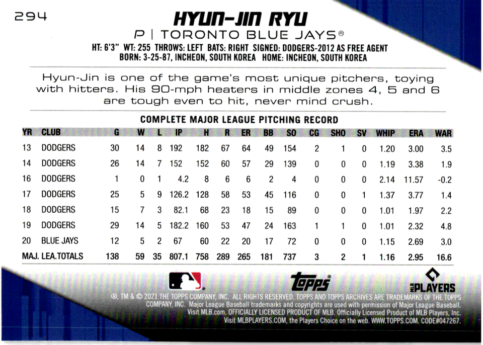 2021 Topps Archives Baseball #294 Hyun-Jin Ryu Toronto Blue Jays | eBay