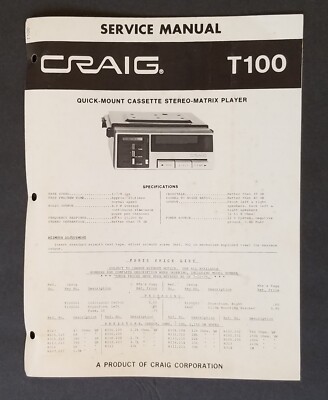 CRAIG Model T100 Service Manual. Quick Mount Stereo Cassette Stereo ...