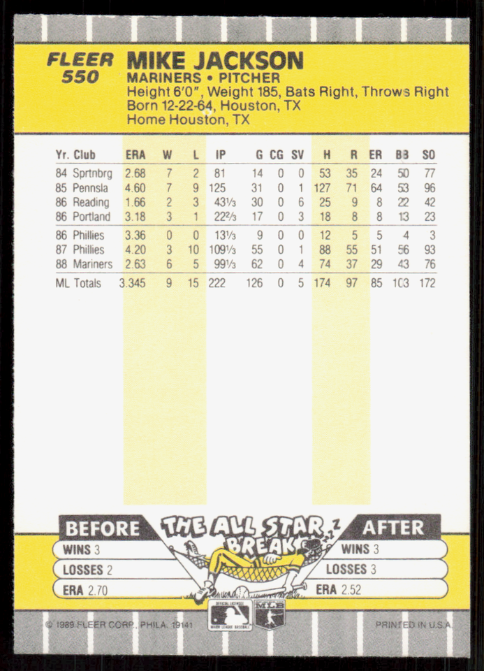 1989 Fleer 550 Mike Jackson Seattle Mariners | eBay