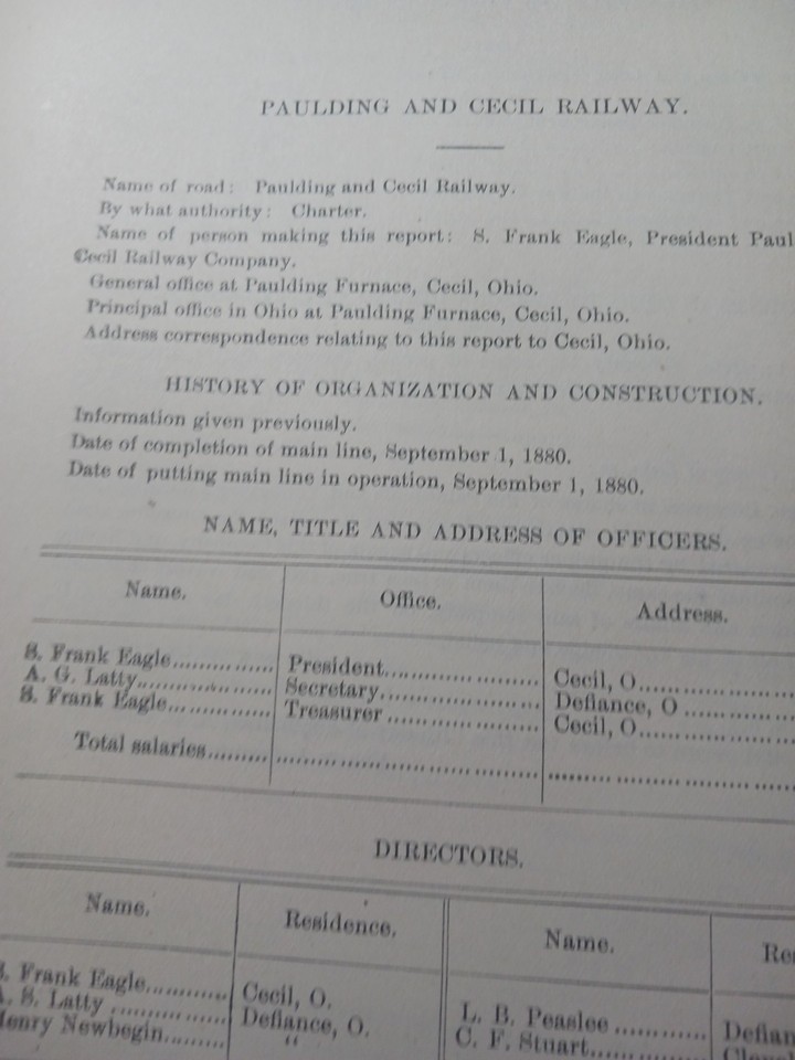 1882 Ohio train report PAULDING AND CECIL RAILWAY rare Iron Funace Railroad | eBay