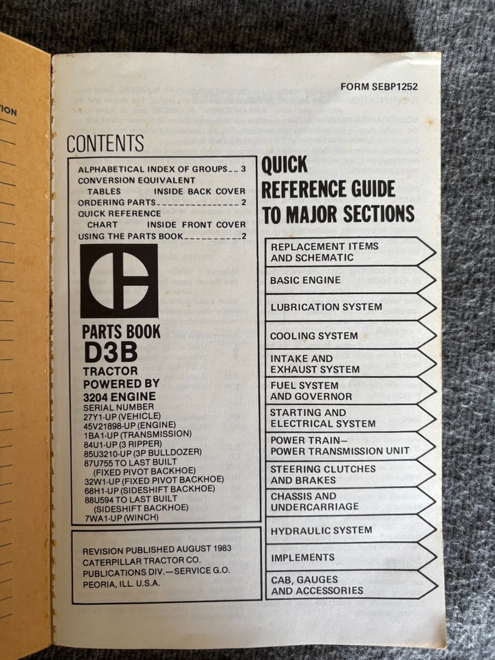 Caterpillar Cat D3B Tractor w/ 3204 Engine Parts Book SEBP1252 Catalog ...