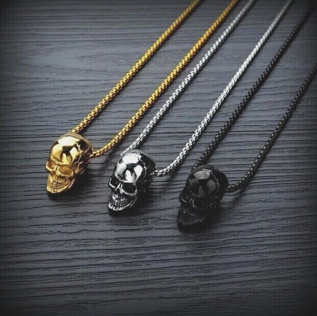 Men's Skull Stainless Steel Necklace Pendant Gold Silver Biker Punk ...
