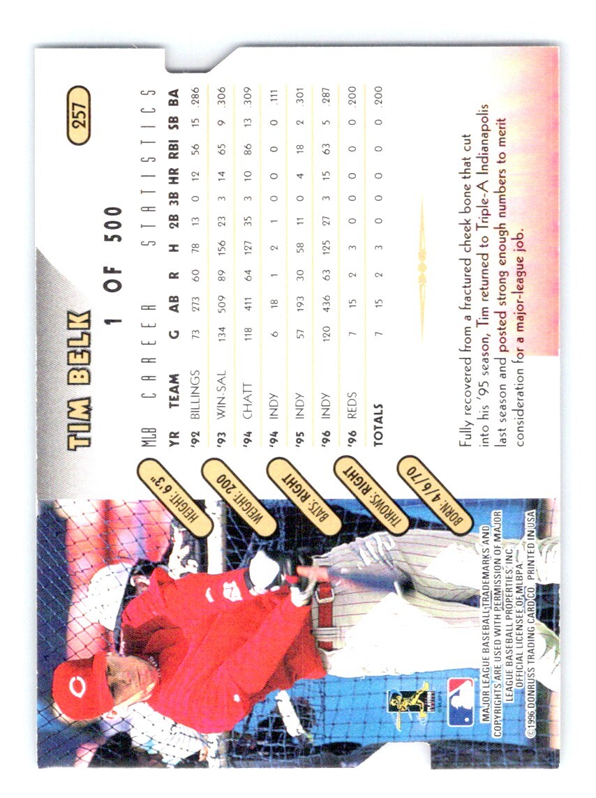 1997 Donruss Gold Press Proof Tim Belk 1/500 Cincinnati Reds #257 Die ...