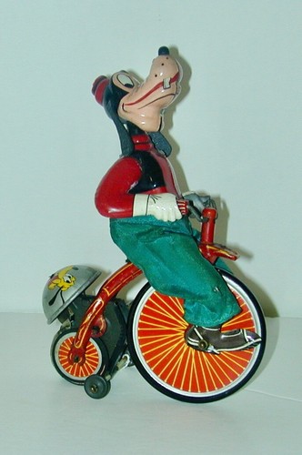 Linemar Japan Lithographed Tin W/Up Goofy High Wheel Bicycle Walt ...